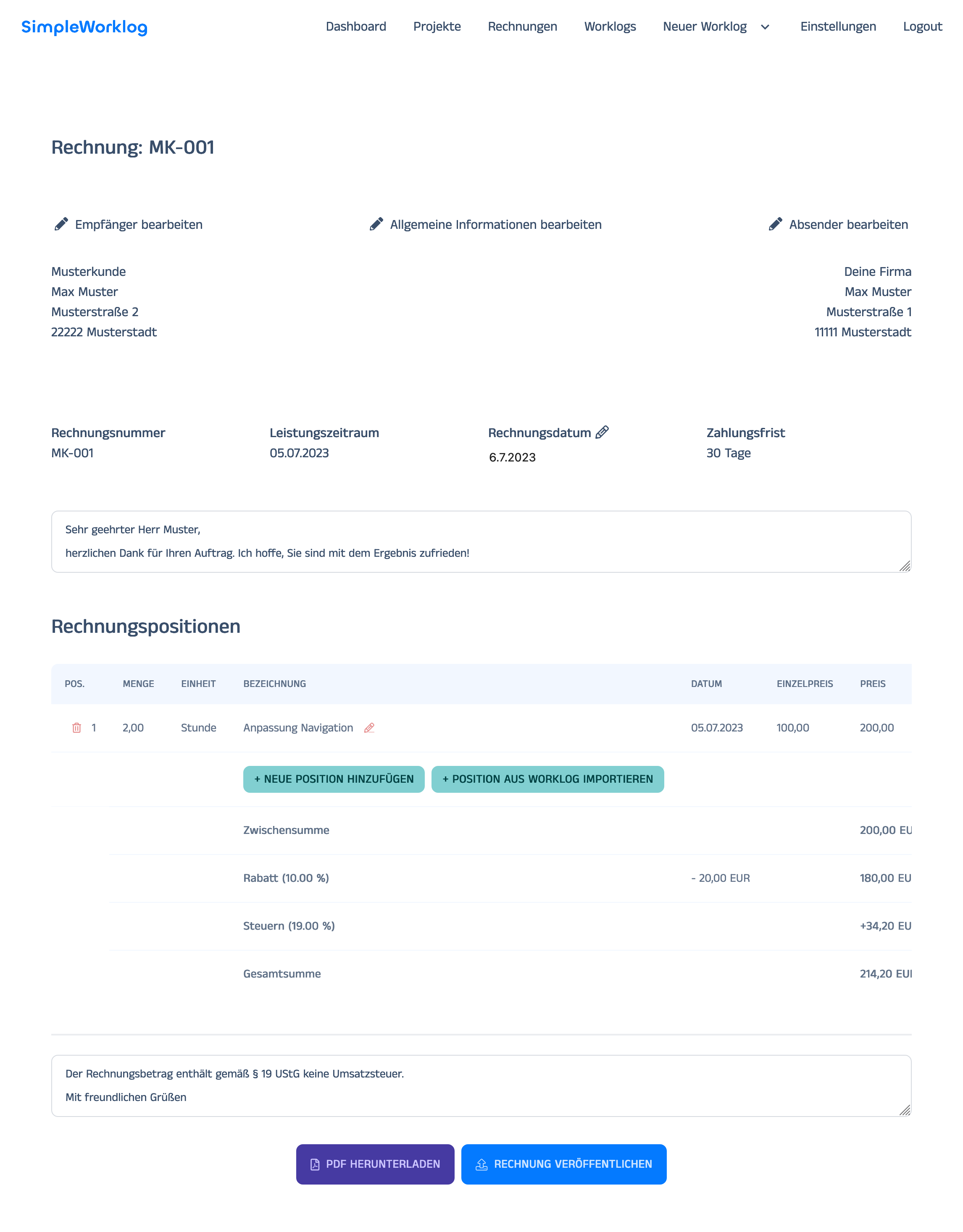 SimpleWorklog – Rechnungen und Zeiterfassung für Selbstständige